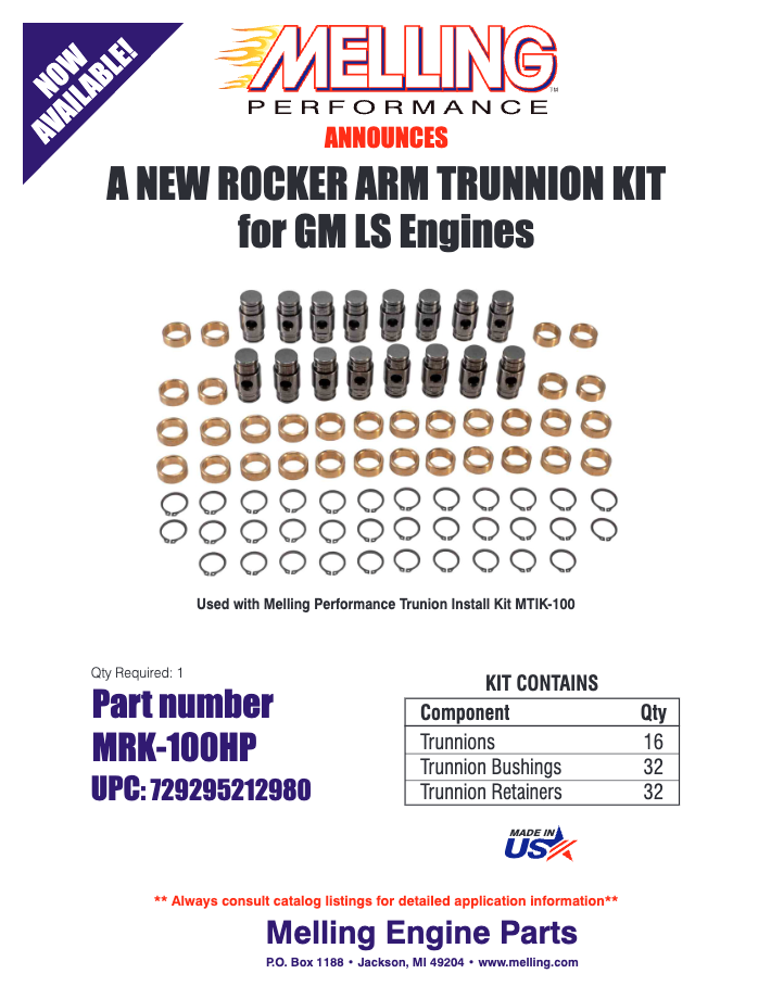 Rocker Arm Trunnion KIT for GM LS Engines – # MRK-100HP | Melling Tool ...